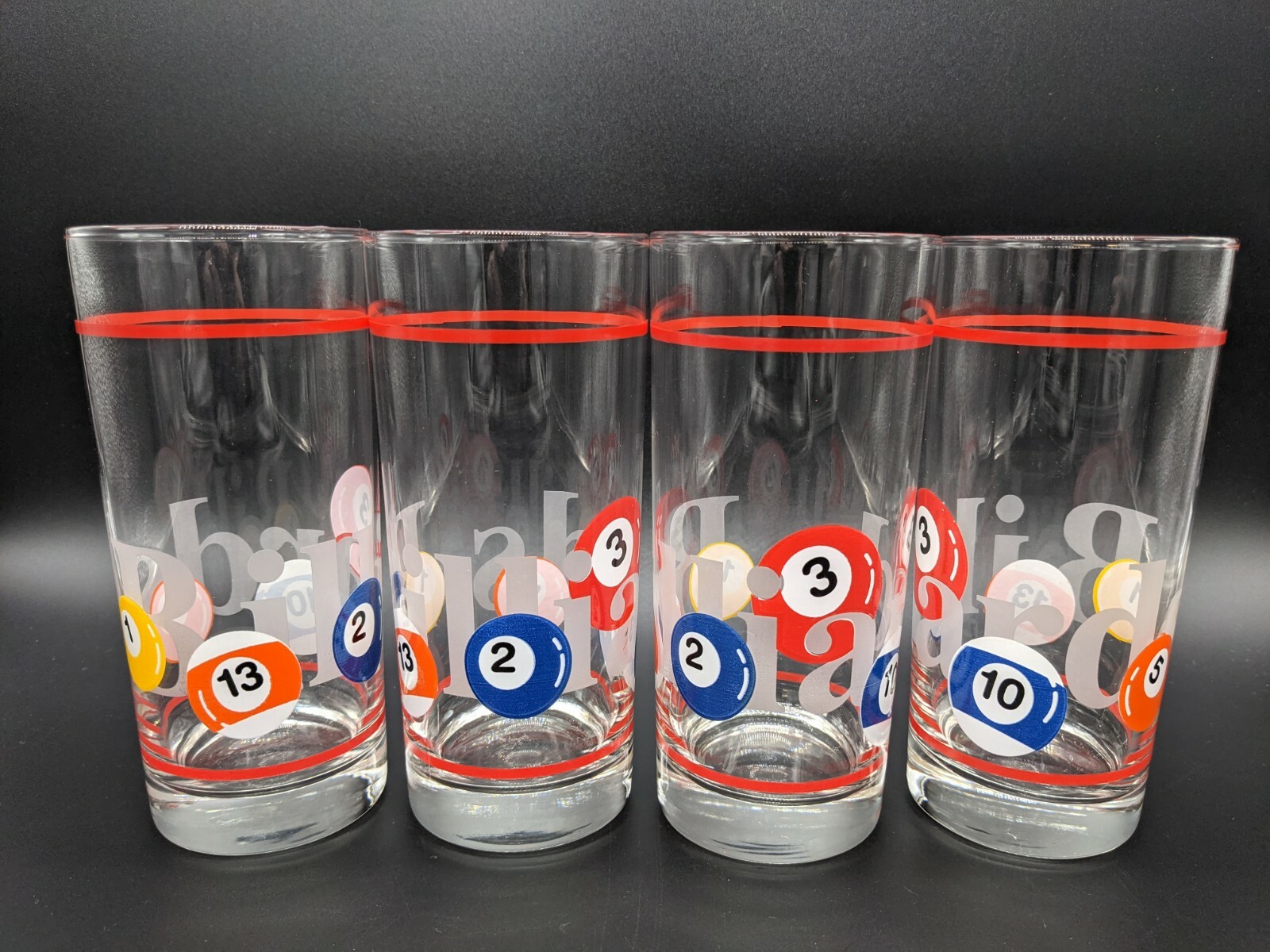 Billiards Pool Ball 12 Ounce Glass Tumblers Set of 4 Drinking Glasses ...