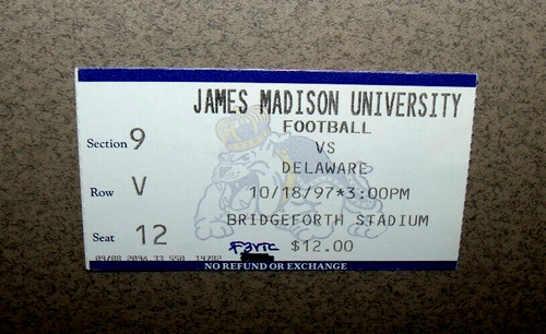James Madison University Football 10/18/1997 Ticket Stub vs Delaware ...