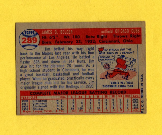1957 Topps Jim Bolger #289 Chicago Cubs NEAR MINT FREE SHIPPING | eBay
