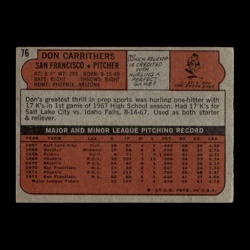 Don Carrithers 1972 Topps Rookie San Francisco Giants #76 Nice Vintage ...