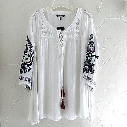 Ulla Popken Embroidered Crochet Beaded Top Size 20/22 Hippie Boho Flowy ...