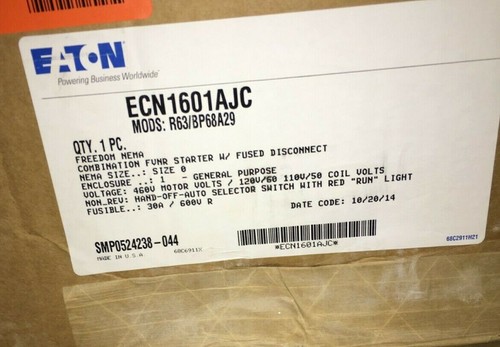 Eaton ECN1601AJC R63/BP68A29 Combination FVNR Starter w/ Disconnect ...