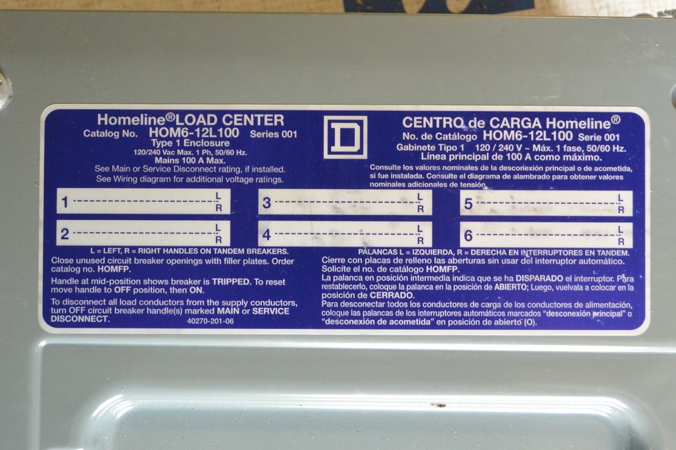 New Surplus SQUARE D HOM612L100FCP 100 amp Main Lug Load Center ...