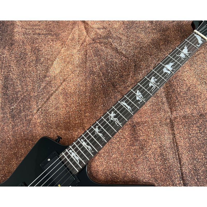 Electric guitar Black solid Wolf to man inlay on black rosewood ...