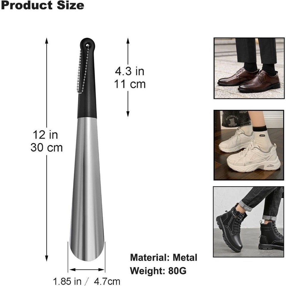 12 Inch Long Stainless Steel Shoe Horn with Non-Slip Rubber Grip ...