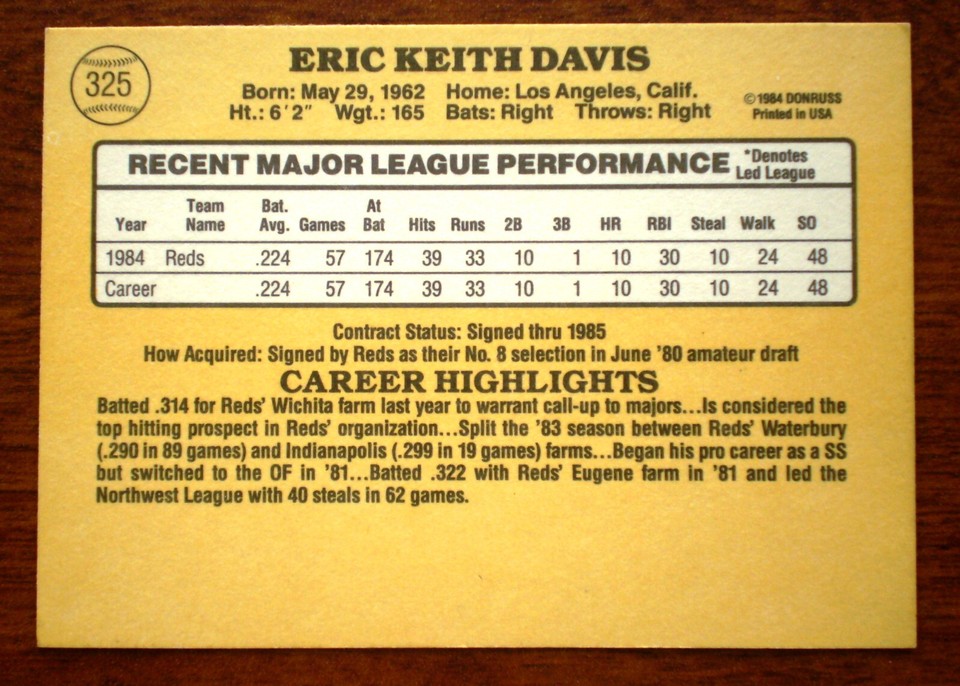 ***1985 DONRUSS ERIC DAVIS ROOKIE CARD #325 EX**** | eBay