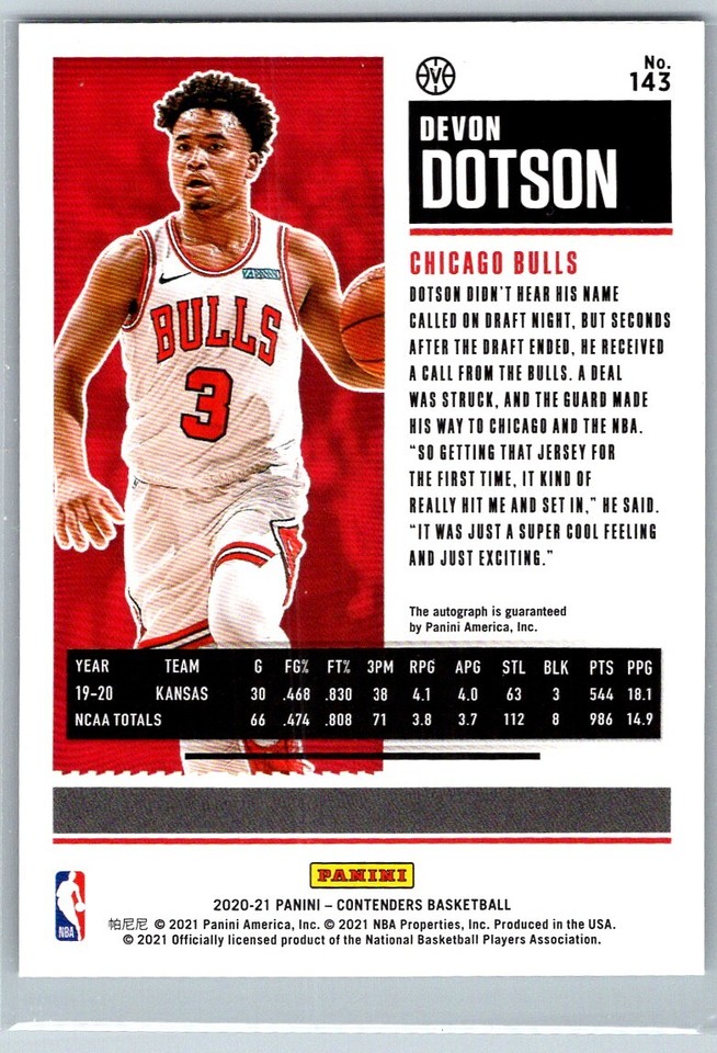 Devon Dotson 2020-21 Panini Contenders Playoff Ticket RC Autograph ...