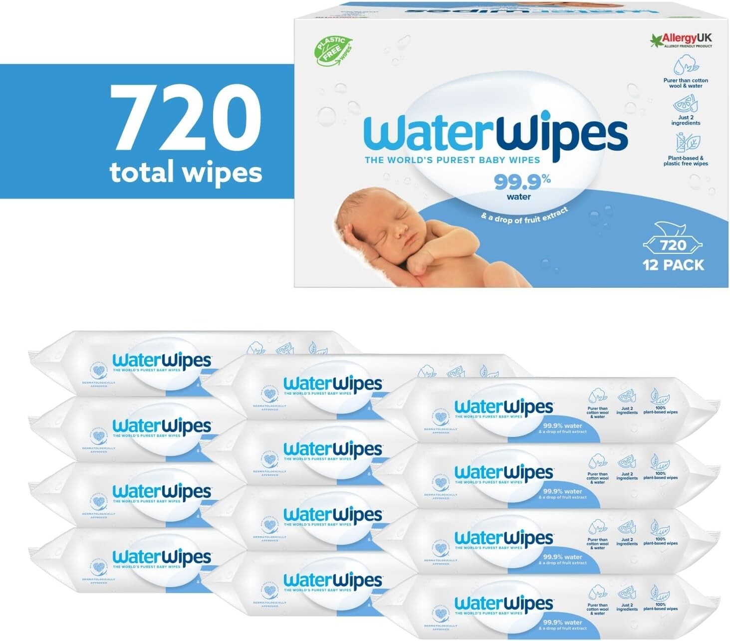 WaterWipes Original Plastic Free Baby Wipes, 720 Count (12 packs), 99.9 ...