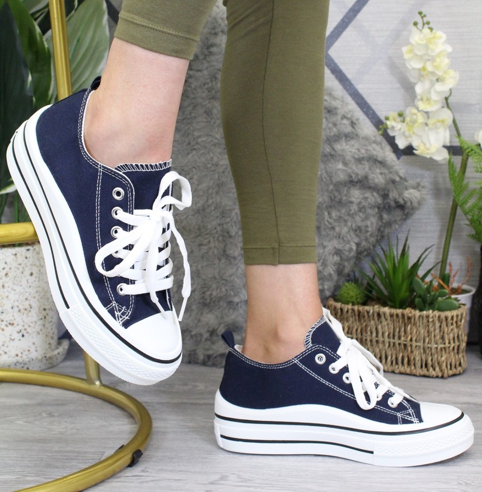 Ladies Canvas Trainers Platform Sneakers Plimsolls Lace Up Pumps Women ...