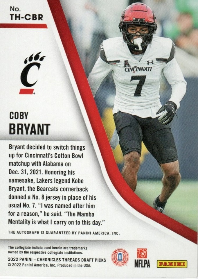 COBY BRYANT 2022 CHRONICLES THREADS ROOKIE AUTO RC BEARCATS SEATTLE ...