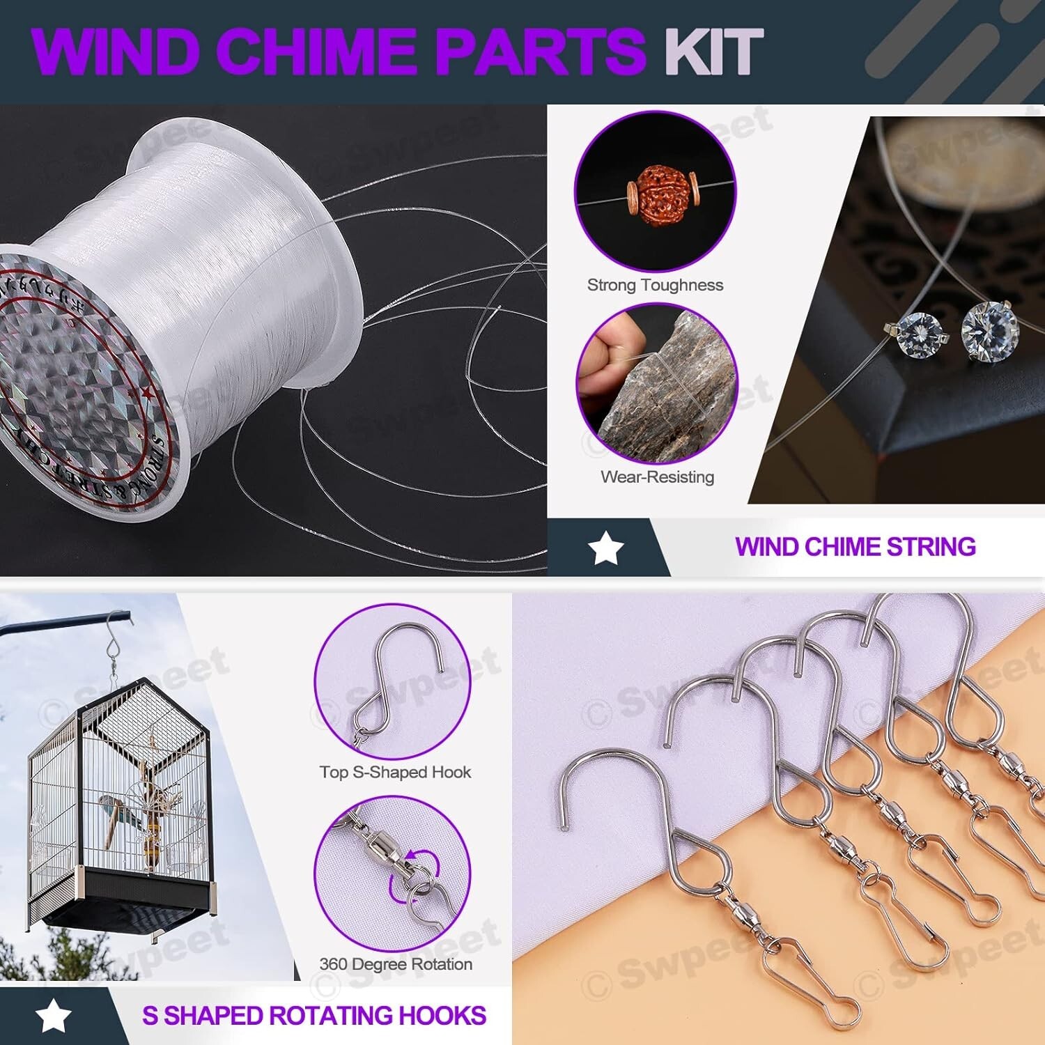 Swpeet 61Pcs Wind Chime Tubes Parts and 100 Yard Wind Chime Wire with ...