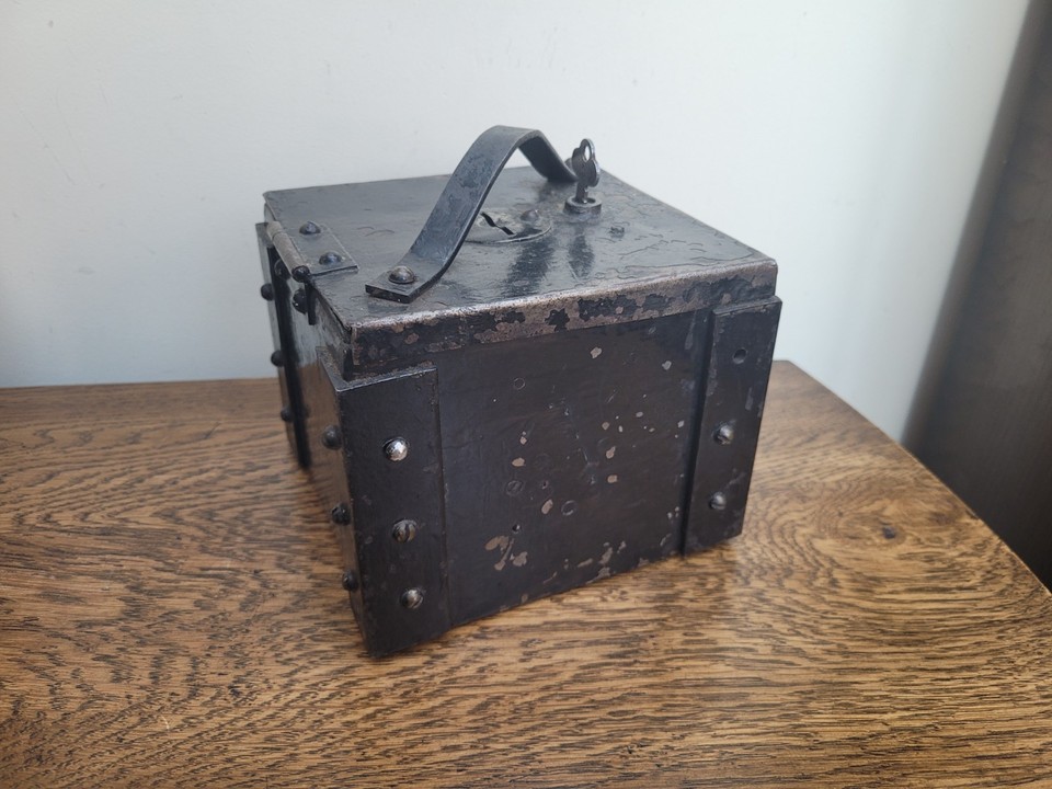 Old Heavy Steel Strong Box Poor Box with Key, Collection keepsake box ...