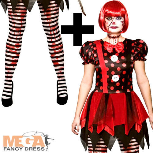 Horror Clown + Tights Ladies Fancy Dress Halloween Circus Adults Womens ...