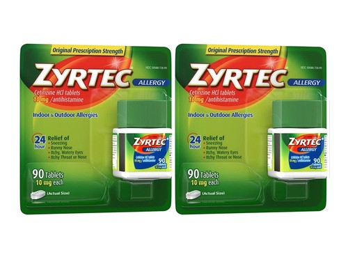 2 Pack Zyrtec 24 Hour Allergy Relief 10mg Cetirizine 2x 90 =180 Tablets ...