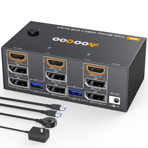 8K@60Hz HDMI Displayport KVM Switch 3 Monitors 2 Computers 4K@144Hz ...
