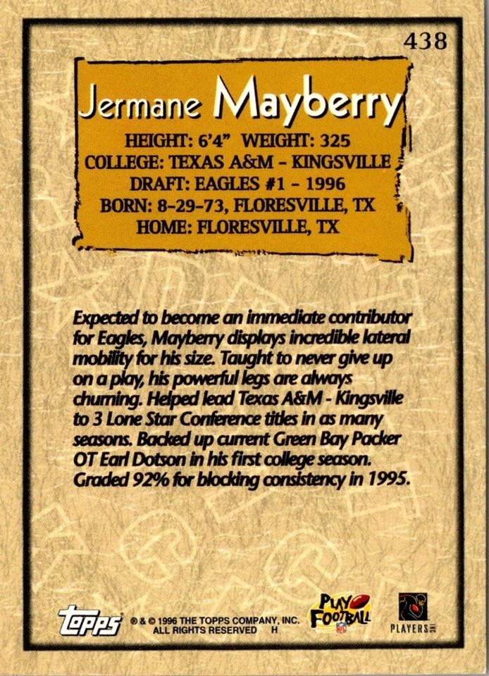 1996 Topps Jermane Mayberry #438 Philadelphia Eagles Football Card | eBay