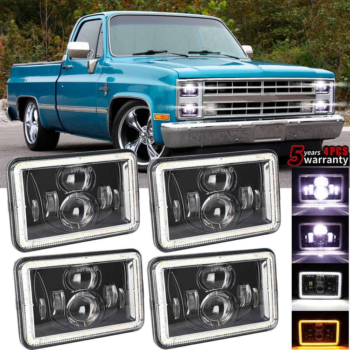 4x 4x6 Hi-Lo LED Headlights For 1981 1982 1983 1984 1985 1986 Chevy C10 ...