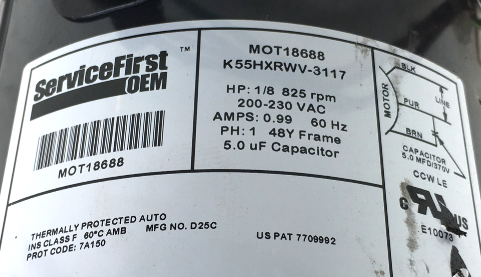 ServiceFirst K55HXRWV-3117 Condenser Fan Motor MOT18688 1/8HP 230V used ...