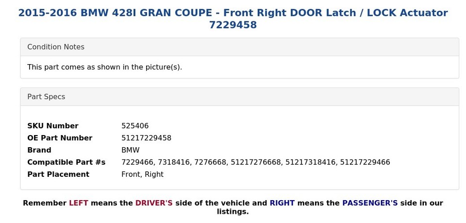 2015-2016 BMW 428I GRAN COUPE - Front Right DOOR Latch / LOCK Actuator ...