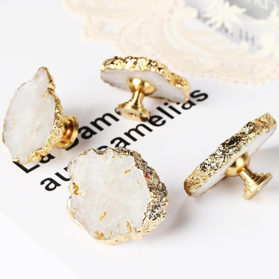 White Geode Cabinet Knobs Crystal Stone Drawer Knobs Handles Decorative Gold ... | eBay