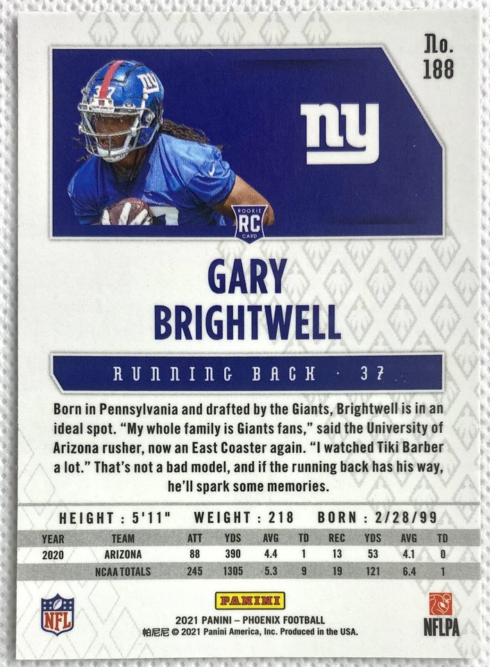 2021 Panini Phoenix Gary Brightwell Rookie Fire Burst Card RC New York ...