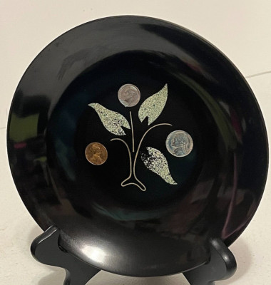 Vtg. midcentury COUROC Monterey Coins, Shells and Metal inlay black ...