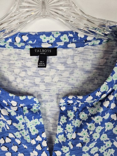 TALBOTS Petite Cotton Blend Split Neck Lovely Floral Blue Tunic Top ...