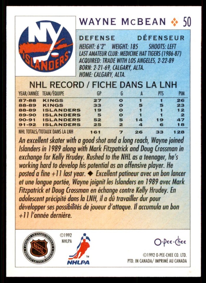 1992-93 O-Pee-Chee Wayne McBean . New York Islanders #50 | eBay