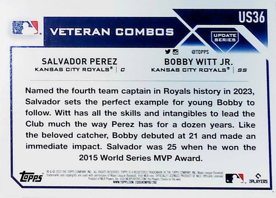 2023 Topps Update US36 SALVADOR PEREZ BOBBY WITT JR. VETERAN COMBOS ...