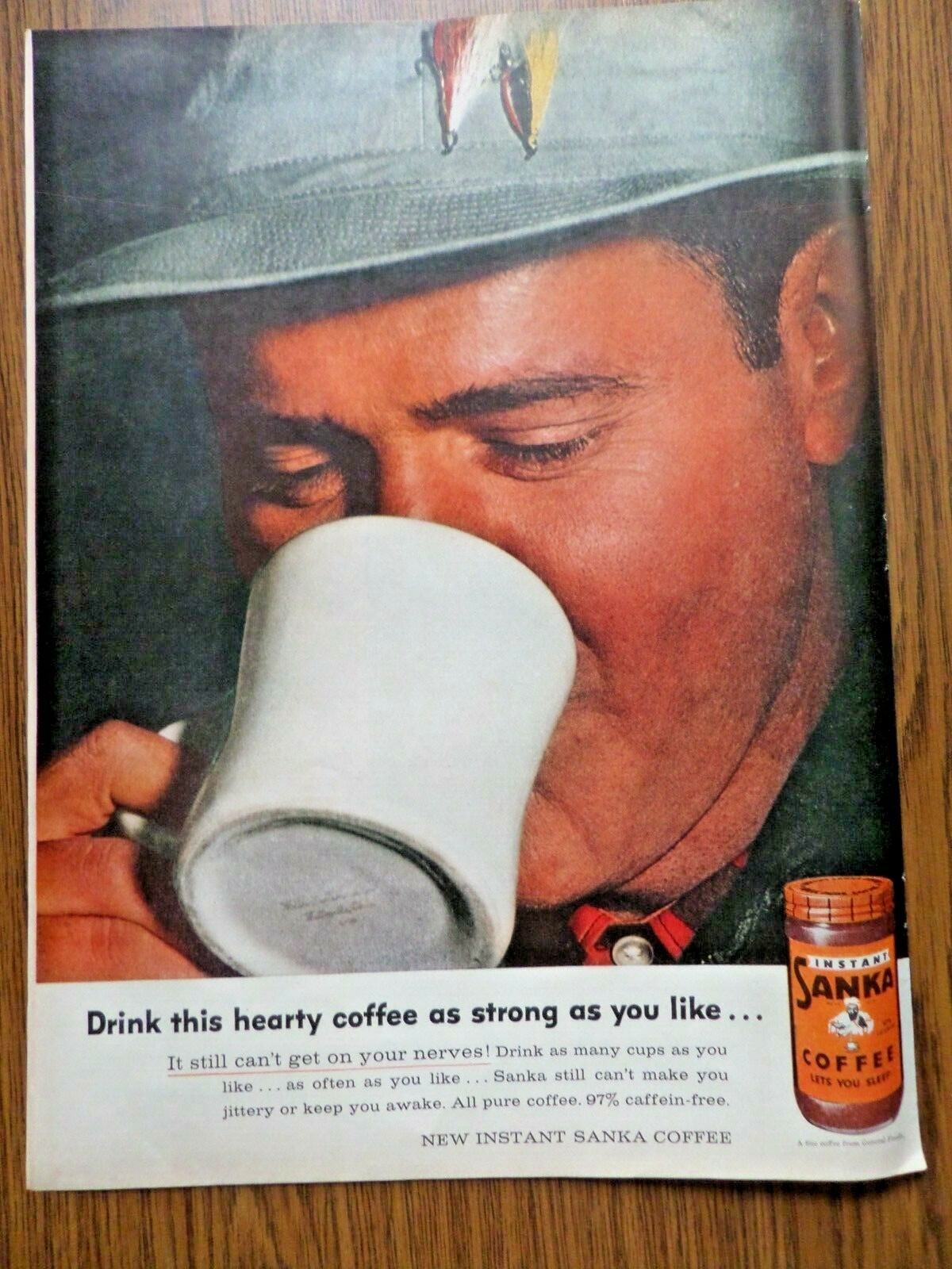 1957 Instant Sanka Coffee Ad Flying Fishing Guy | eBay