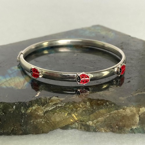 Sterling Silver 925 Youth XS Women Enamel Ladybug Oval Bangle Bracelet ...