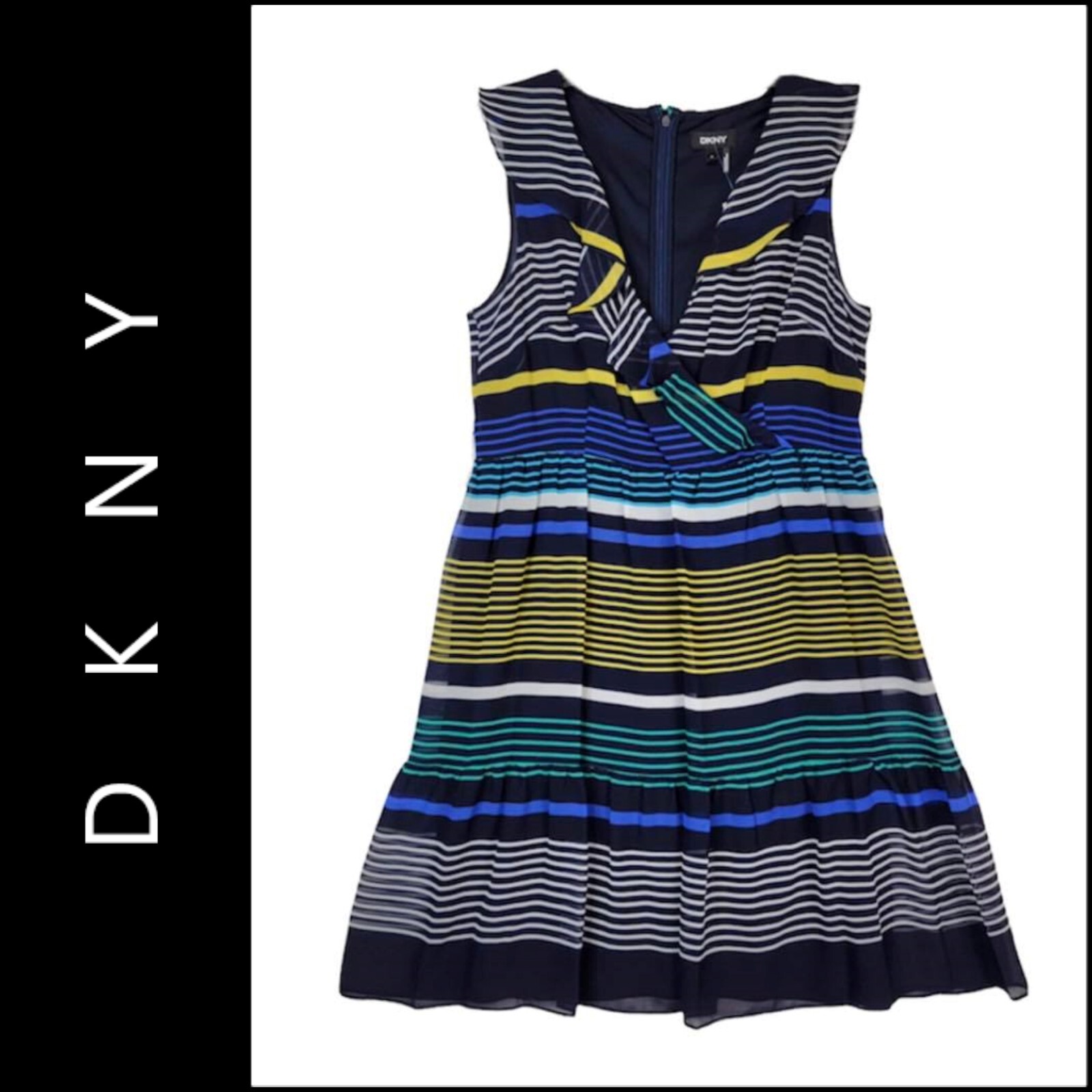 DKNY Women Ruffle Striped Fit & Flare Dress Sleeveles… - Gem