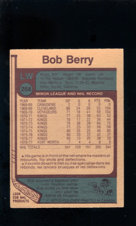 1977-78 O-PEE-CHEE HOCKEY CARD BOB BERRY #268 EX-EX/MT KINGS | eBay