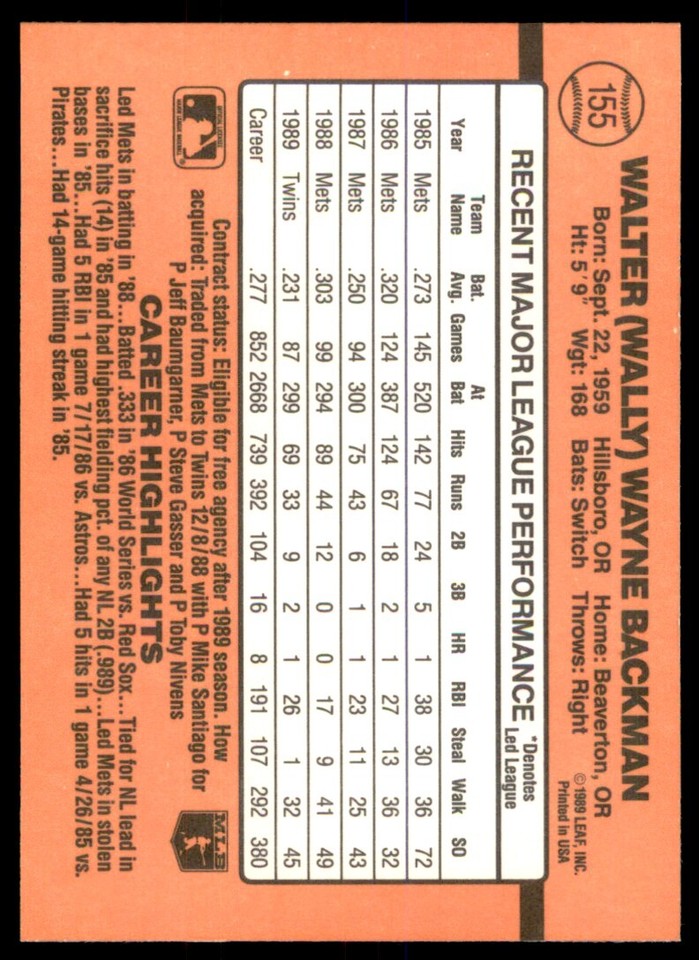 1990 DONRUSS WALLY BACKMAN MINNESOTA TWINS #155 | eBay
