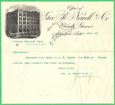 1892 MINNESOTA LETTERHEAD GRAPHIC NEWELL & CO - CRESTON NAT BANK ...