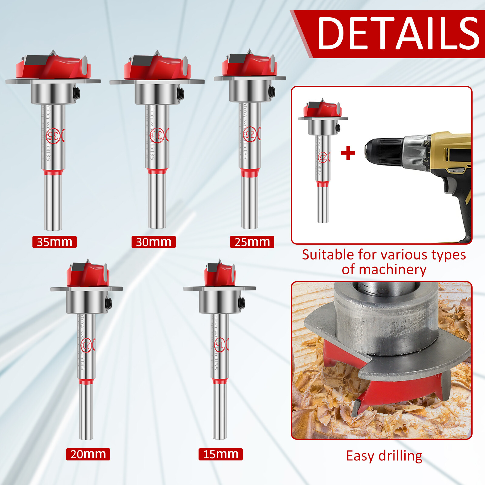 5X Forstner Woodworking Drill Bit Set 15-35mm Boring Hole Saw Cutter ...