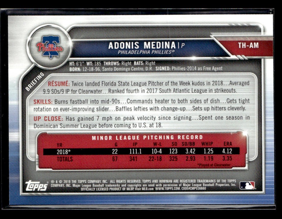 2019 Topps Bowman Holiday #TH-AM Adonis Medina Card Philadelphia ...
