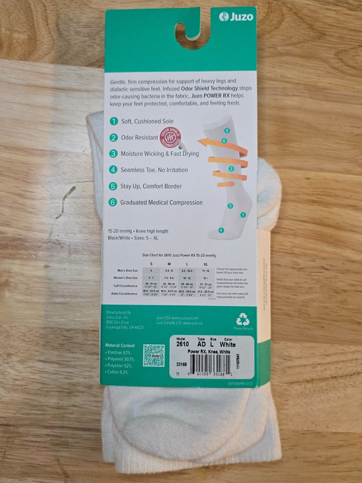 Juzo 2610 Power RX Diabetic Compression Socks - 15-20 mmHg White Large ...