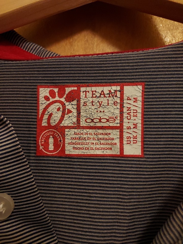 Chick Fil A Oobe Employee Uniform Polo Shirt Mes Small Navy Striped | eBay