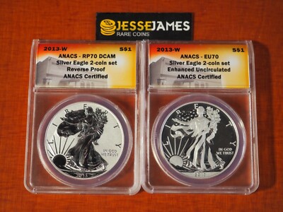2013 W REVERSE PROOF & ENHANCED SILVER EAGLE ANACS RP70 EU70 WEST POINT ...