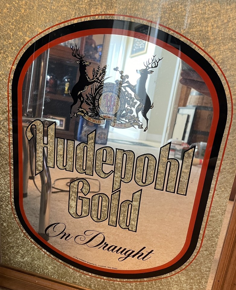 Vintage HUDEPOHL GOLD Glass Mirror Beer Sign Wood Frame Foil Inlay 21”x ...