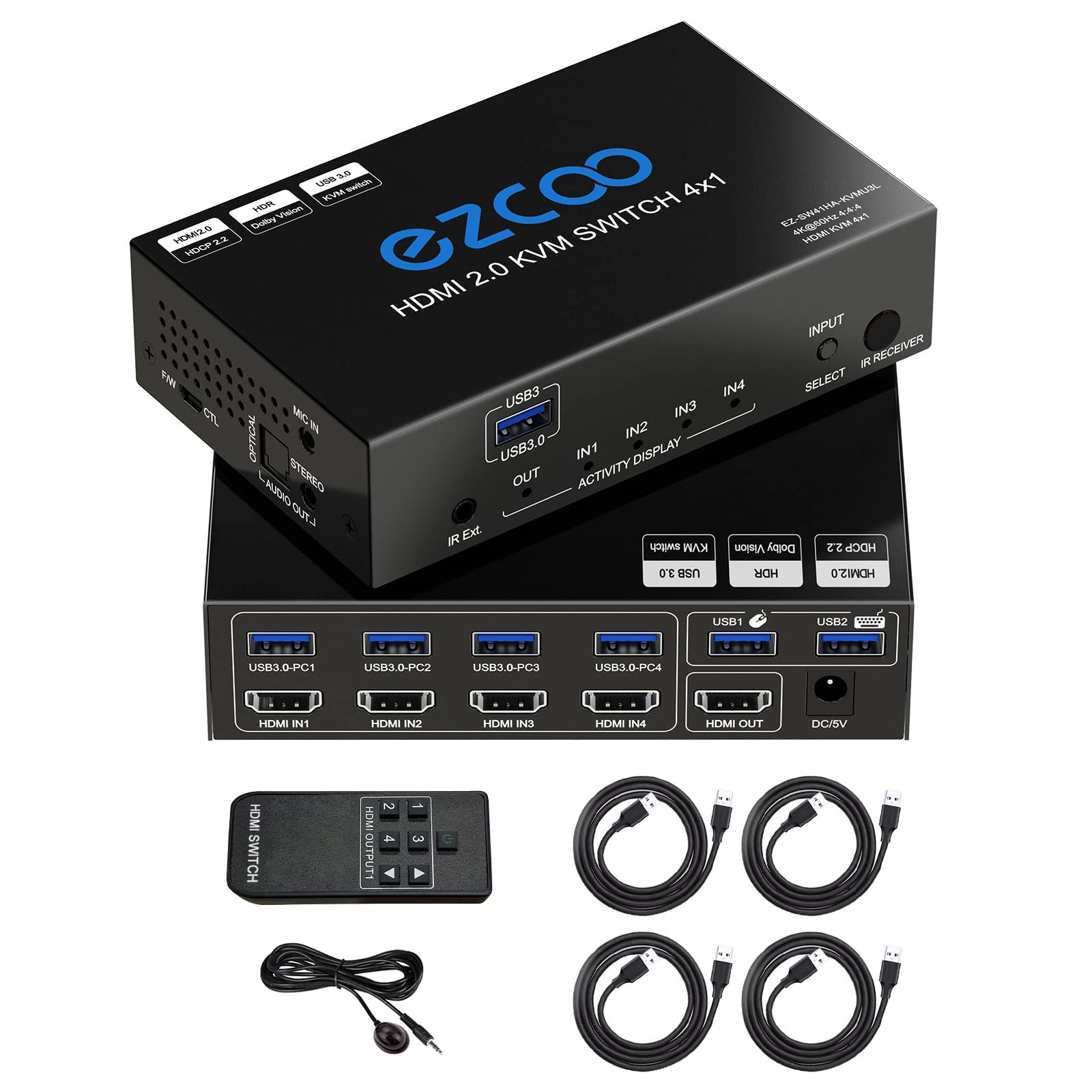 USB 3.0 KVM Switch HDMI 4 Computer 1 Monitor 4K 60Hz SPDIF L/R ...