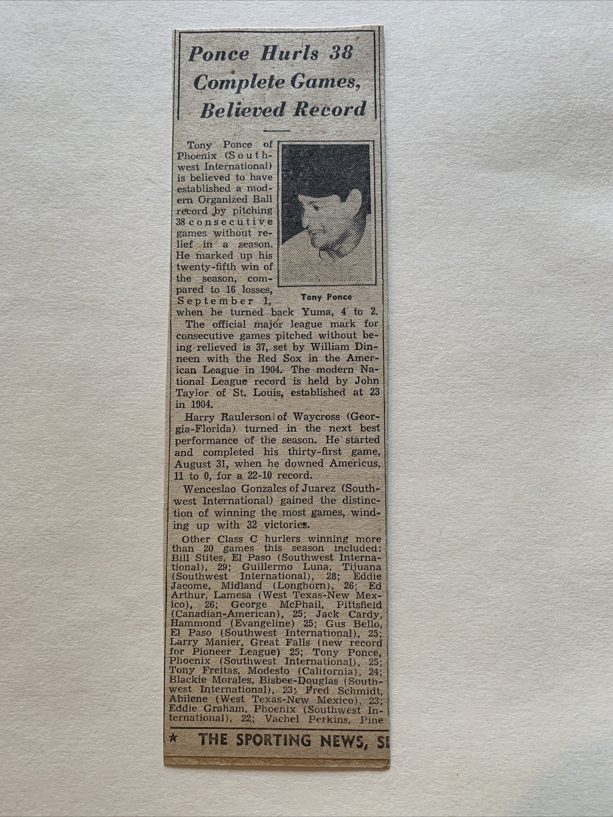 Tony Ponce Phoenix Senators 38 Complete Games Record 1951 Baseball 2X7 ...