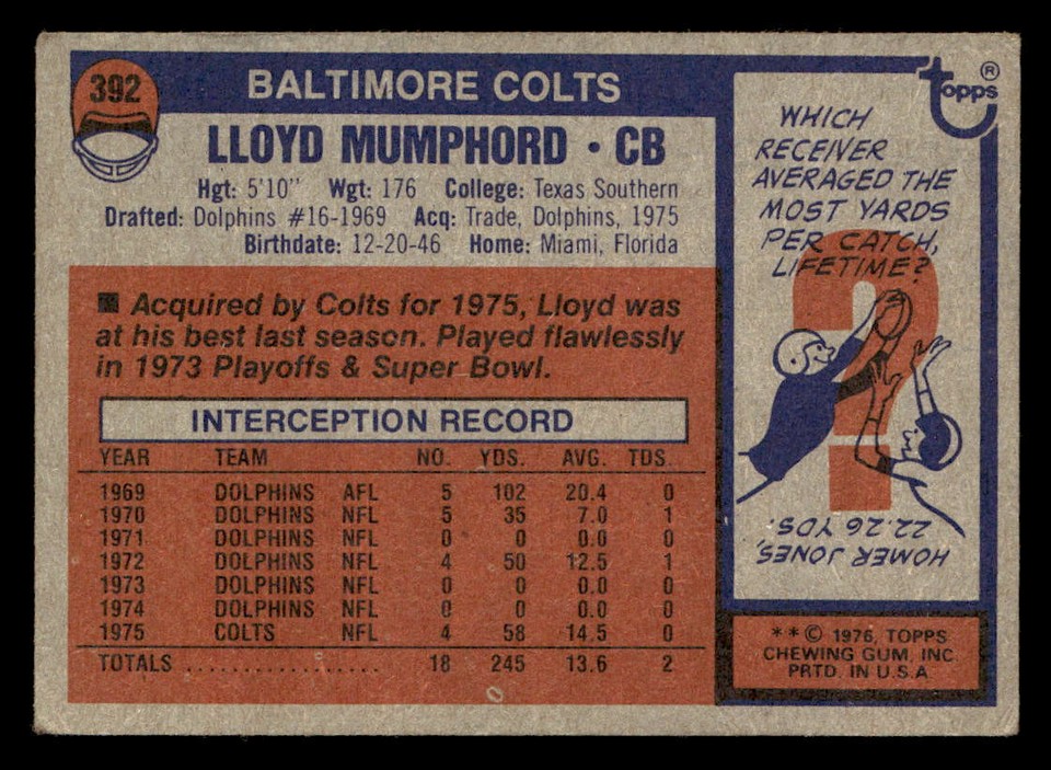 Lloyd Mumphord 1976 Topps Card #392 Baltimore Colts | eBay