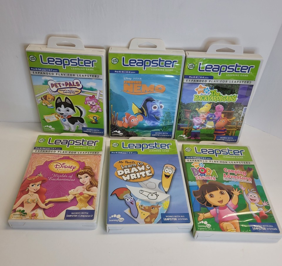 Lot of 6 Leapfrog Leapster Learning Games w/ Cases Nemo Dora Disney Pet ...
