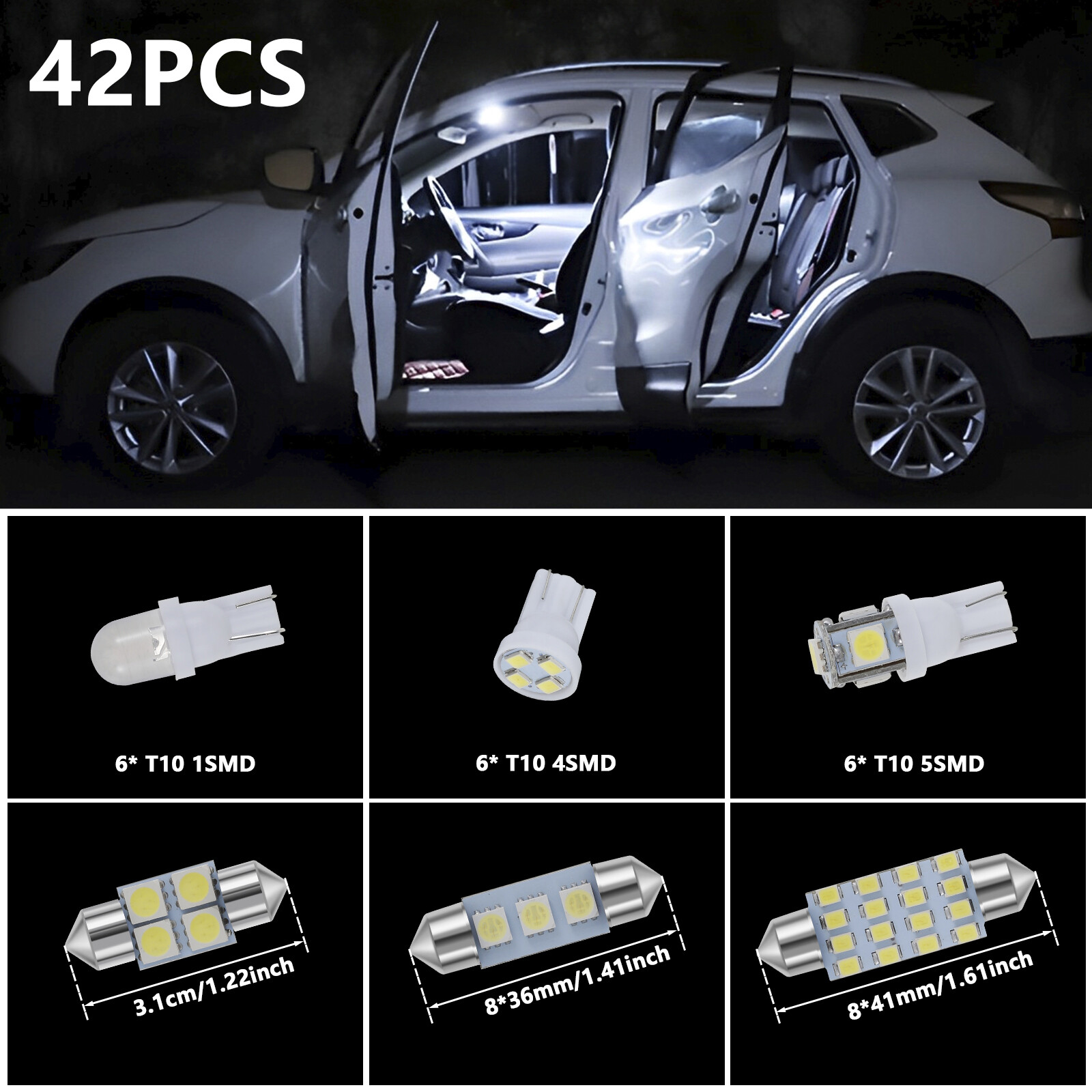 42Pcs LED Car Interior Lights 6500K Car LED Bulb Kit T10 31mm 36mm 41mm ...