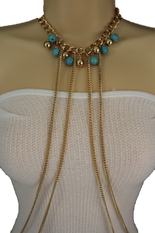 Women Ball Pendant Gold Metal Body Chain Necklace Fashion Jewelry Blue ...