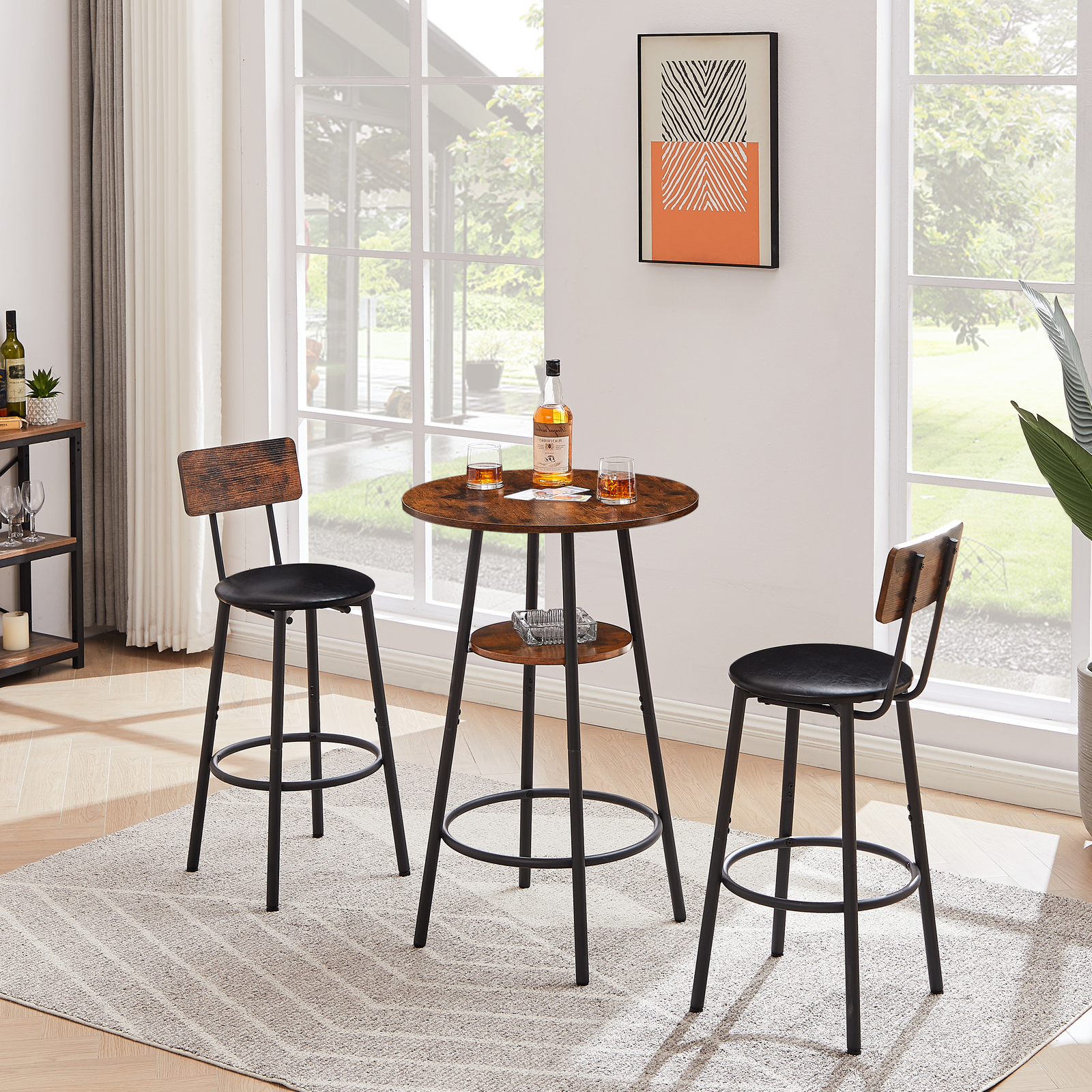 Industrial 3 Piece Pub Dining Set 2-Layer Round Bar Table +2 Stools ...