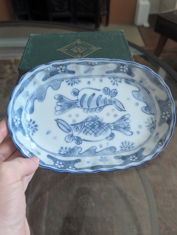 Vintage Arita Blue White porcelain Koi fish rice bowl Japan Serving ...