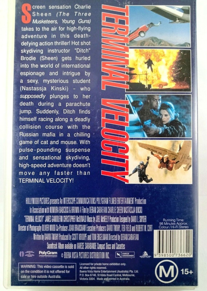 Terminal Velocity VHS Video Tape Charlie Sheen Rated M15+ 98 Mins ...